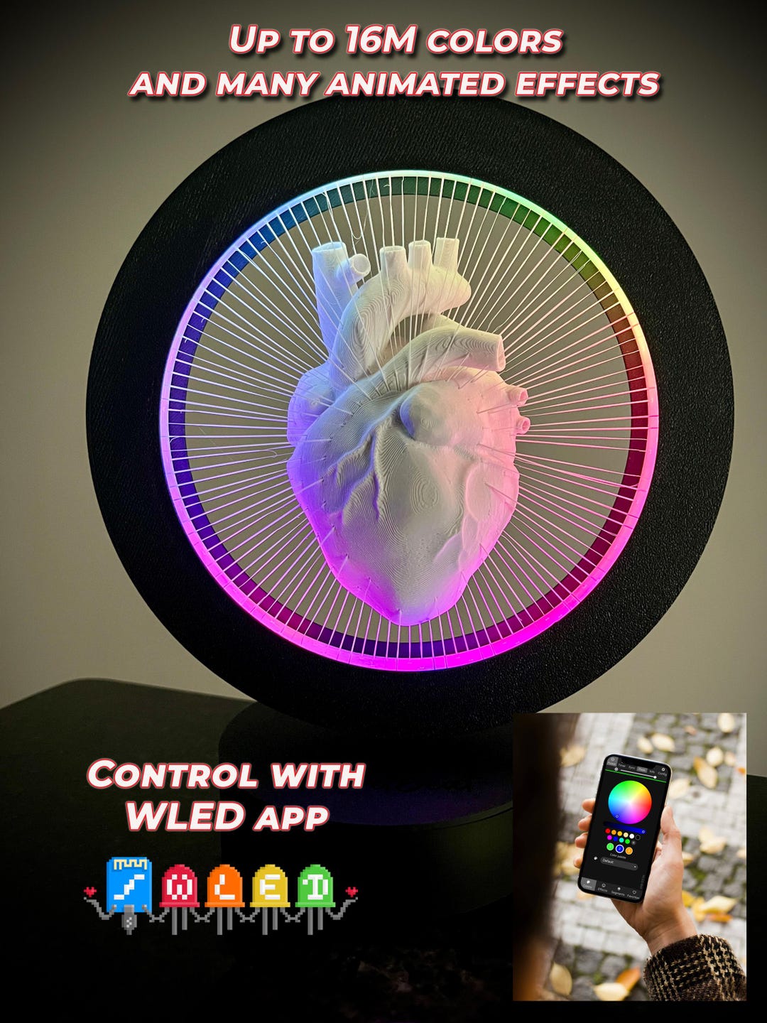 Animated RGB Heart Desk Lamp: Dimmable WLED Smart Night Light for ...