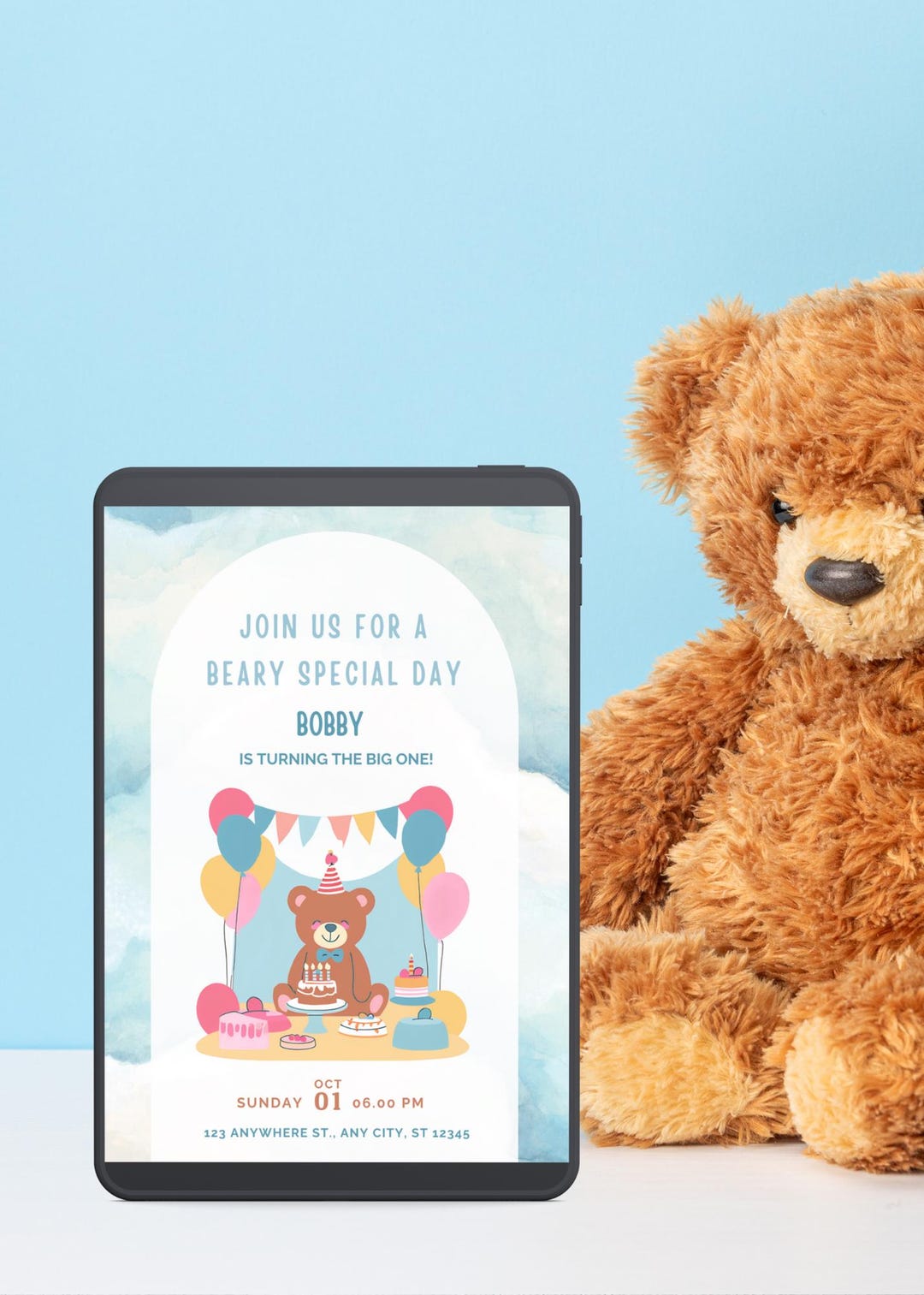 Blue Bear Birthday Invitation Template | First Birthday | Editable ...