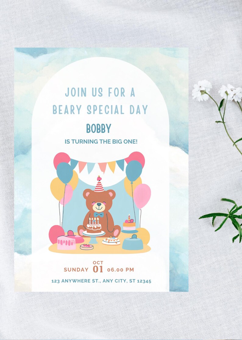 Blue Bear Birthday Invitation Template | First Birthday | Editable ...