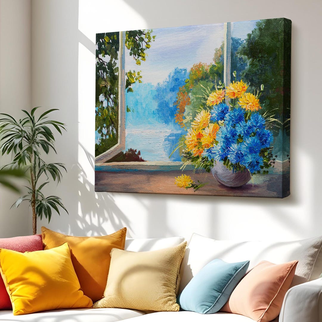 Flower Bouquet on the Window Sill Canvas Wall Painting, Flower Canvas ...