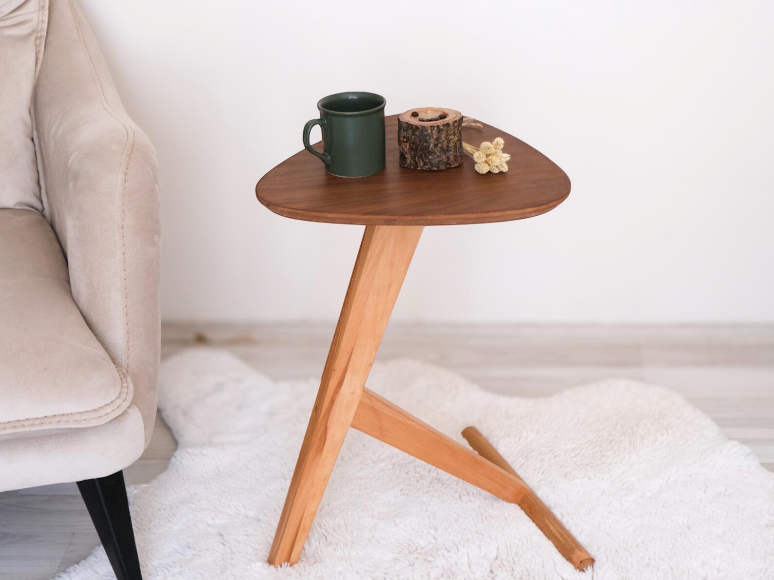 Wooden Coffee Table, Walnut Beach Veneer Triangle Wood Side Table ...