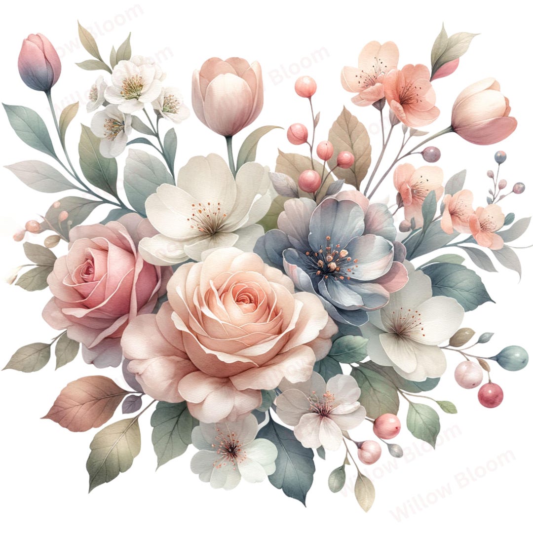 Hand-painted, Pastel Color, Floral Bouquet, Digital Image, Flower ...