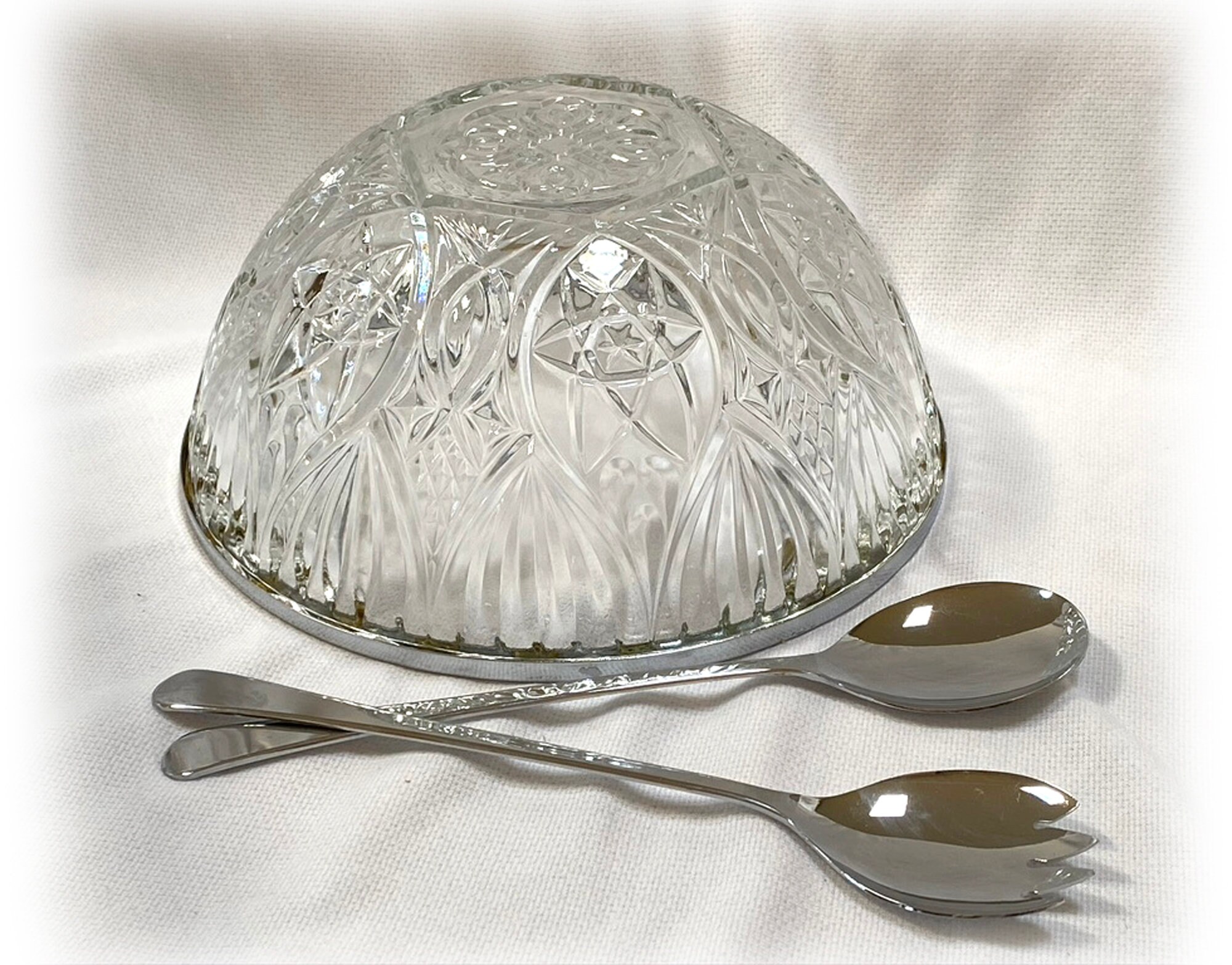 Vintage Chrome Rim Pressed Glass Salad Bowl Server Set France - Etsy