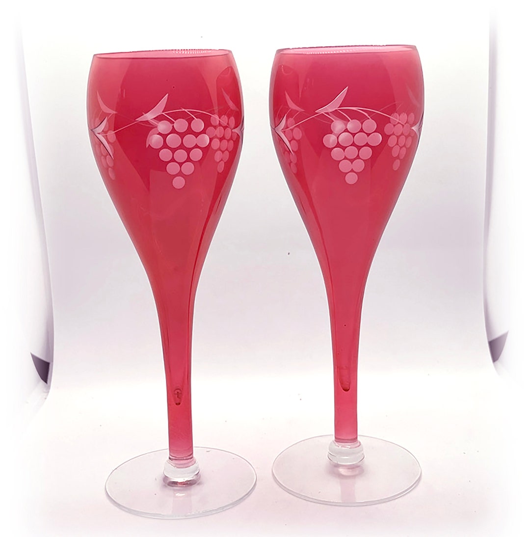 Multiple Pairs Vintage Cranberry Stain Etched Grape Hollow Stem ...