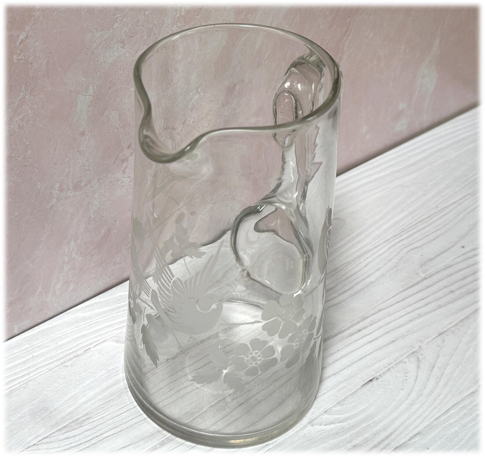 Antique Glass Etched Flowers Birds MOTHER Water Pitcher 8.5" Tall ...