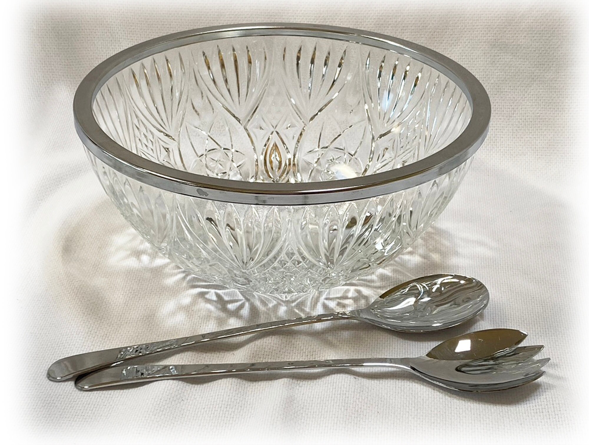 Vintage Chrome Rim Pressed Glass Salad Bowl Server Set France - Etsy