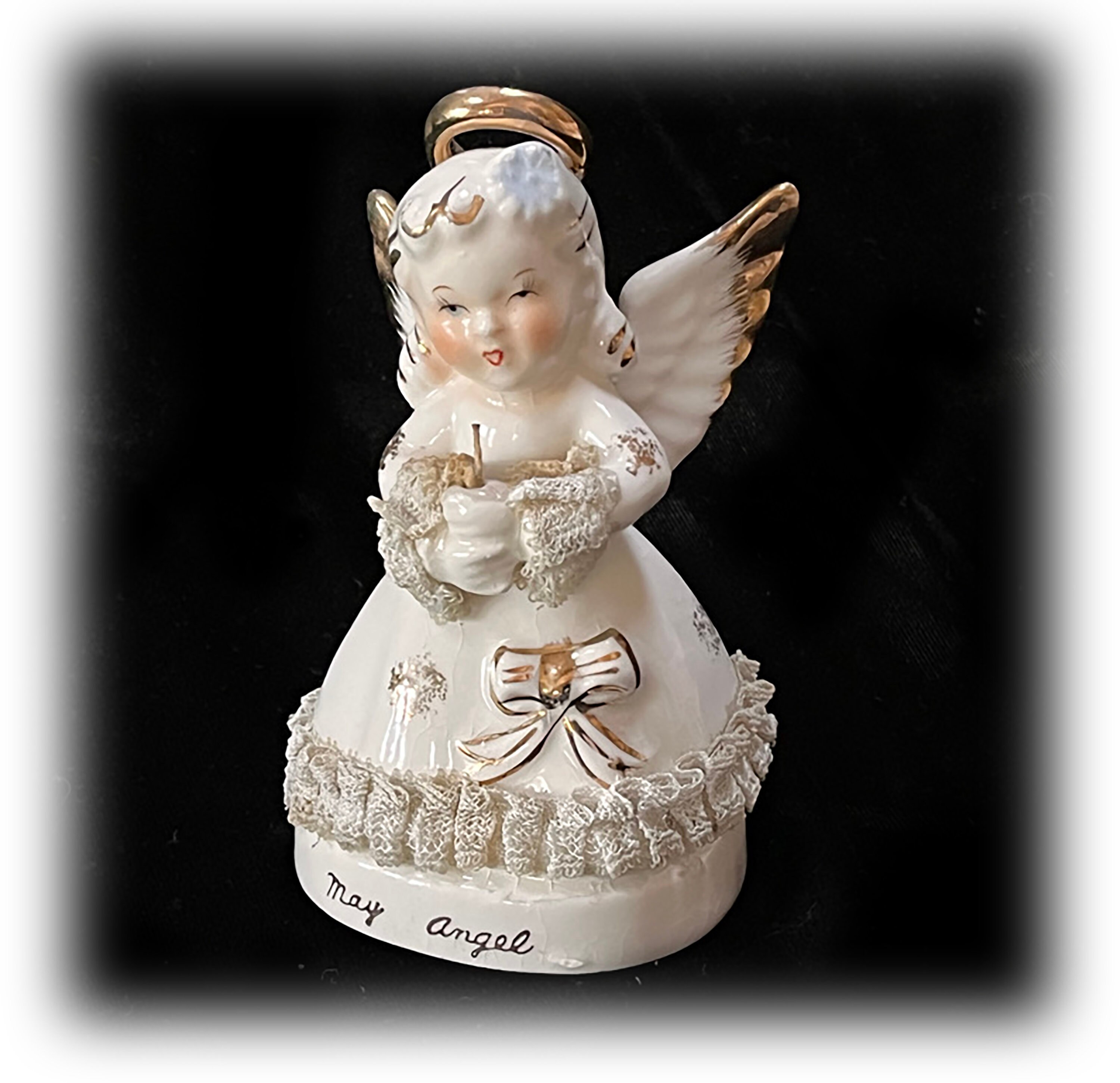 Vintage 50s May Birthday Angel Japan Holding Flowers Spaghetti Trim ...