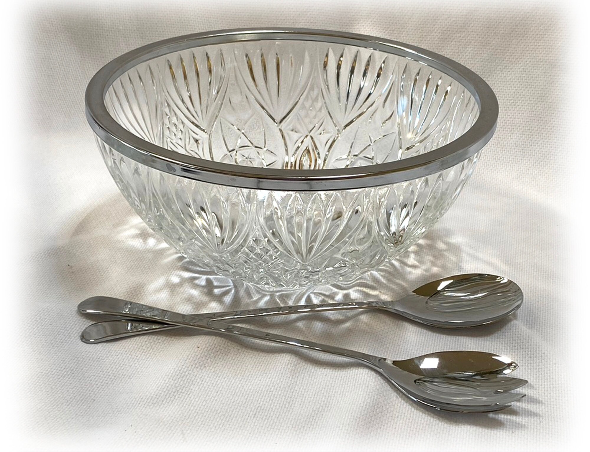 Vintage Chrome Rim Pressed Glass Salad Bowl Server Set France 1960 ...