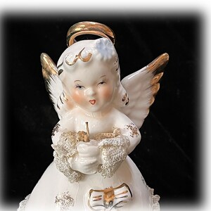 Vintage 50s May Birthday Angel Japan Holding Flowers Spaghetti Trim ...