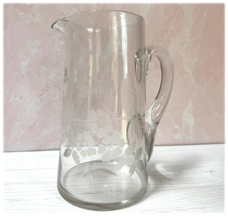 Antique Glass Etched Flowers Birds MOTHER Water Pitcher 8.5" Tall ...