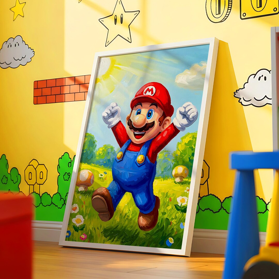 Classic Mario Oil Painting Wall Art, Nursery Kids Room Decor, Playroom ...