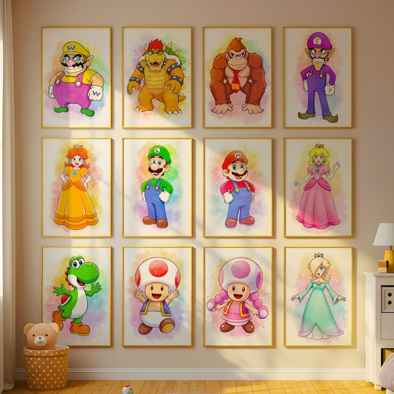 Set of 13 Super Mario & Friends Watercolor Poster Set, Super Mario Wall ...