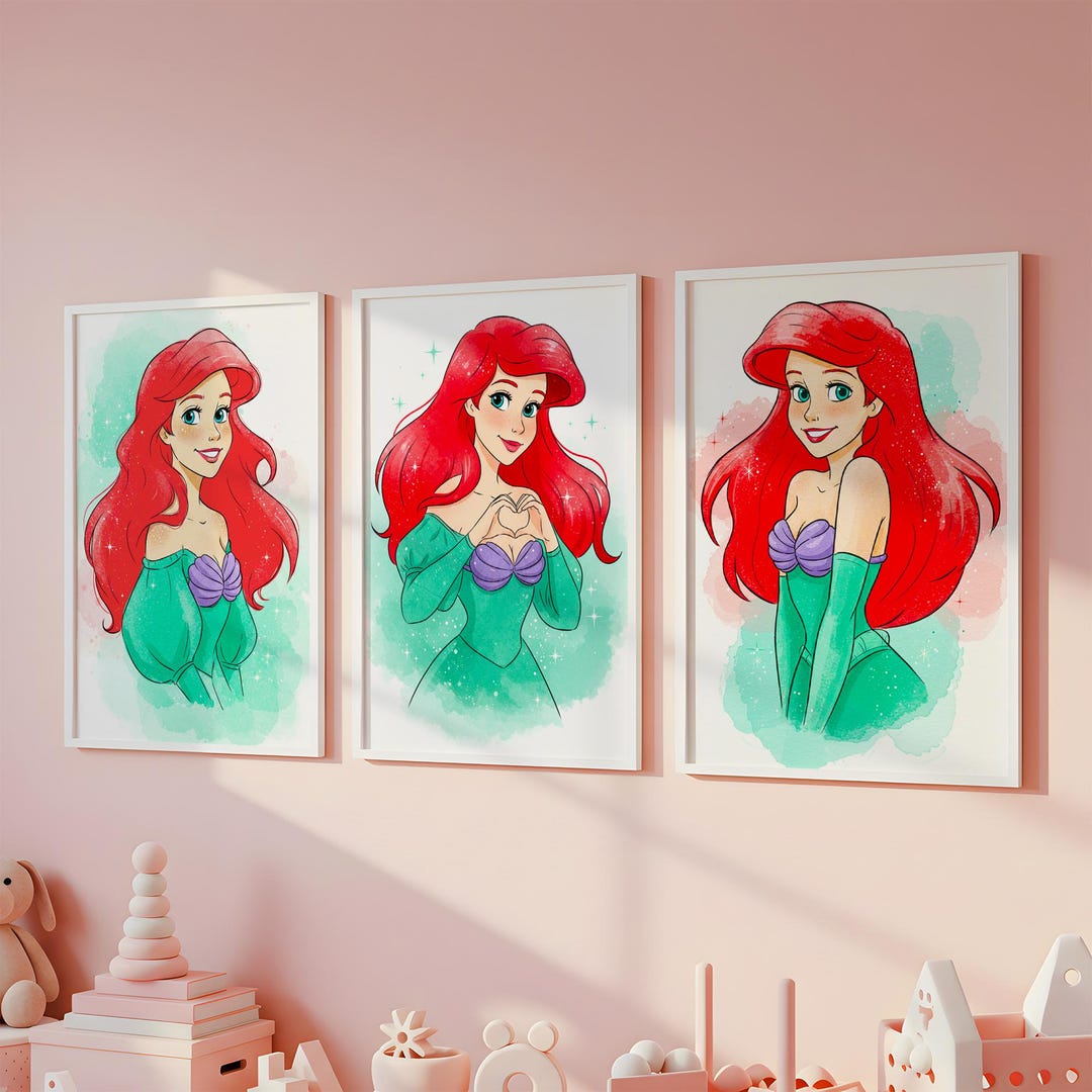 Ariel Watercolor Art Prints: Set of 3 Princess Posters (digital ...