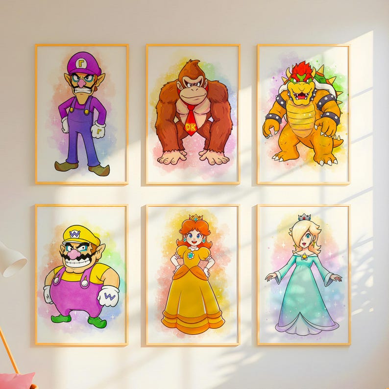 Set of 13 Super Mario & Friends Watercolor Poster Set, Super Mario Wall ...