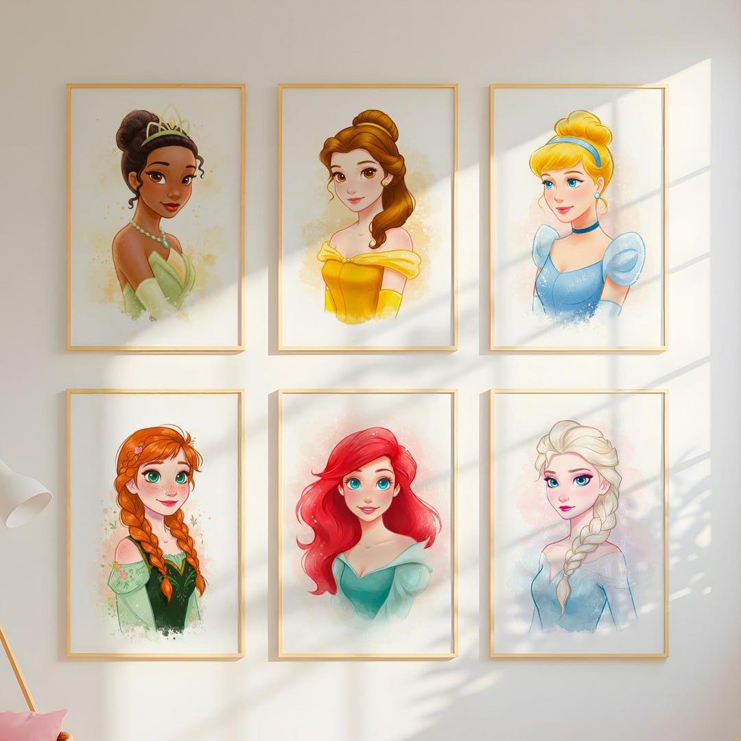 Princess Set of 6 Wall Art Poster,digital Wall Art, Watercolor Princess ...