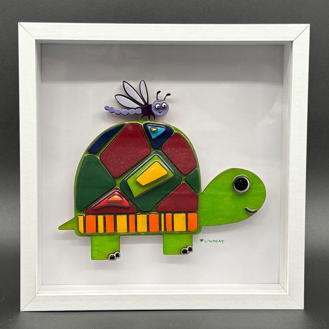 Whimsical Turtle and Dragonfly Art: Hand-painted Wood & Resin Framed ...