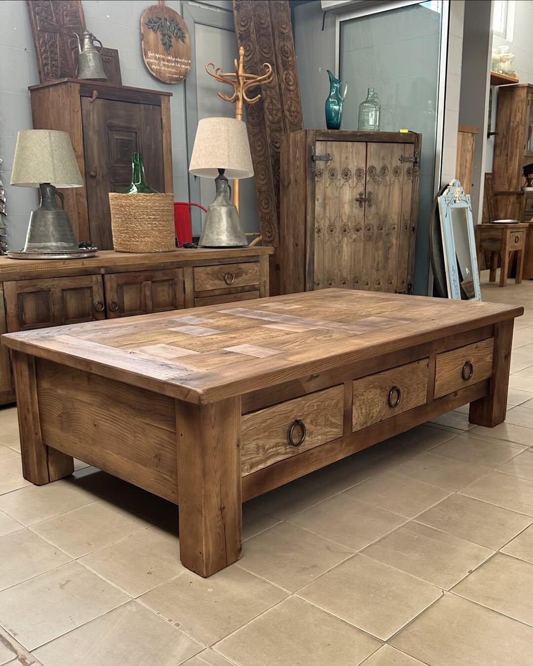 Medieval Farmhouse Chestnut Coffee Table – 6 Drawer Rustic Living Room ...
