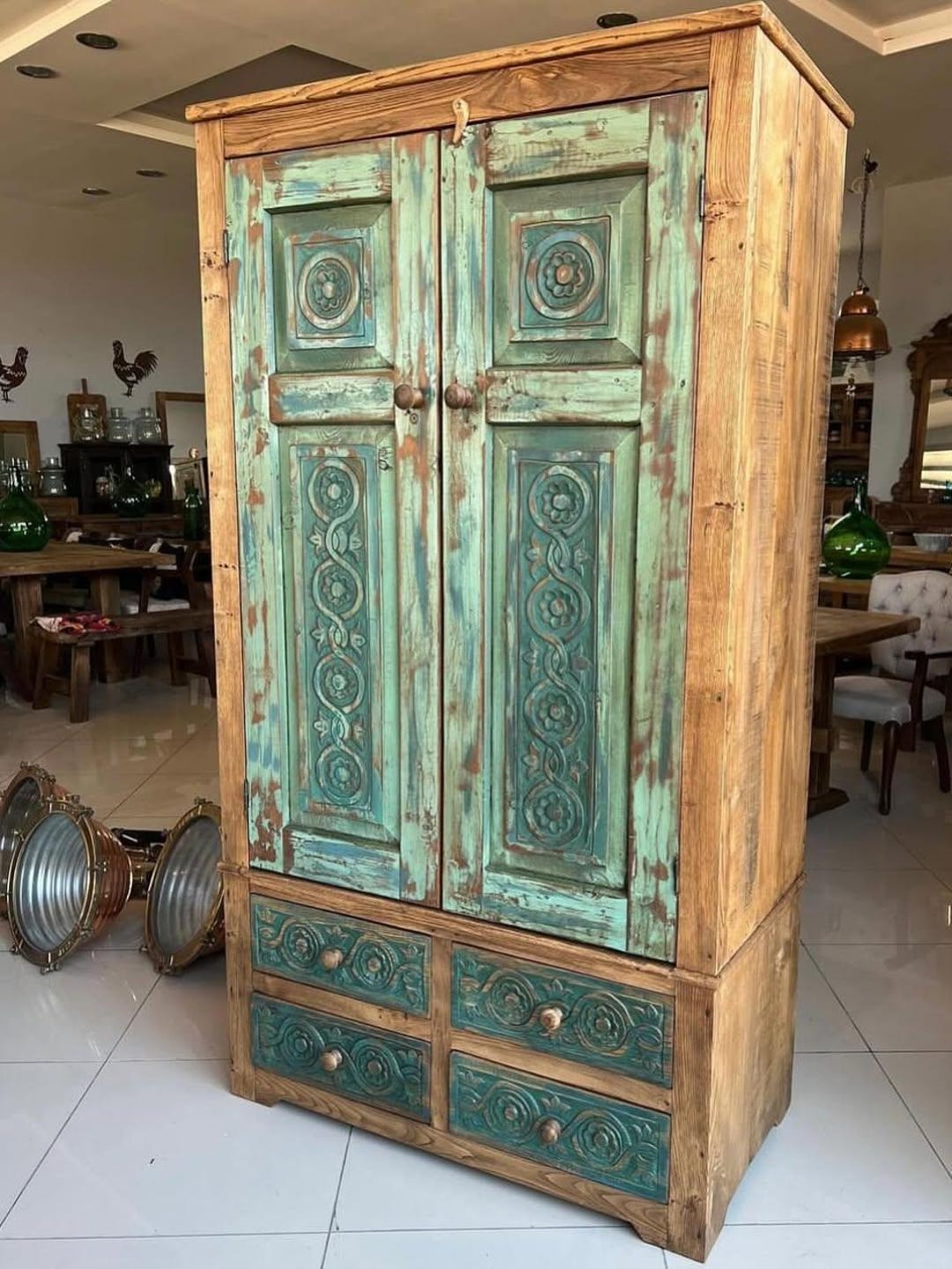 Medieval Rustic Wardrobe – Solid Chestnut Wood Armoire With Green ...