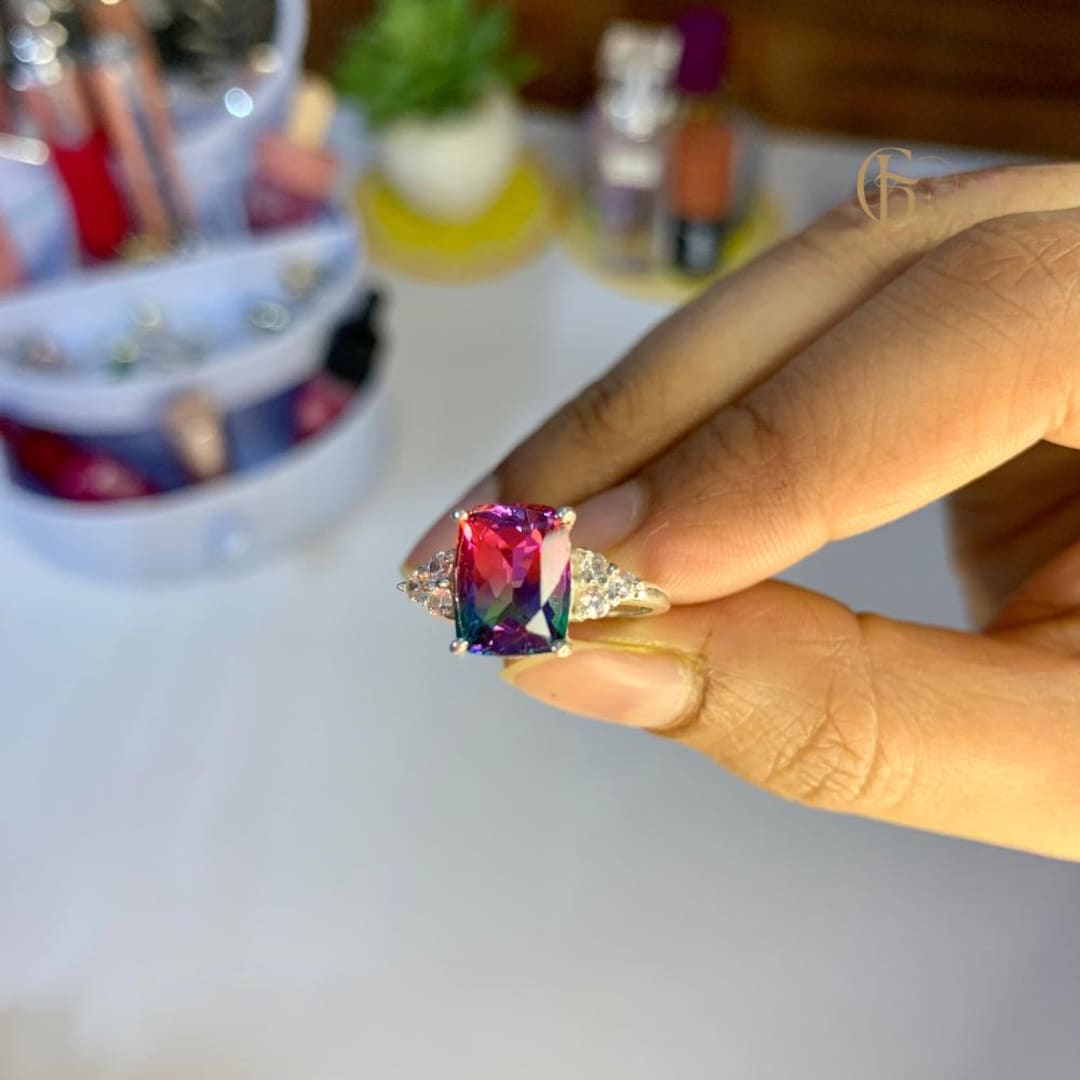 Watermelon Tourmaline Engagement Ring, Double Quartz Tourmaline Ring ...