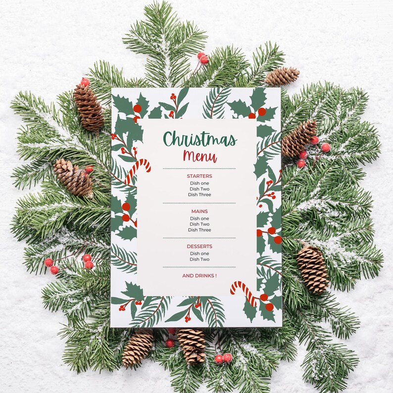 Christmas Party Menu, Printable Menu, Digital Template, Party Editable ...