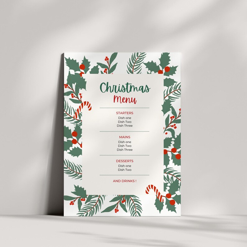 Christmas Party Menu, Printable Menu, Digital Template, Party Editable ...