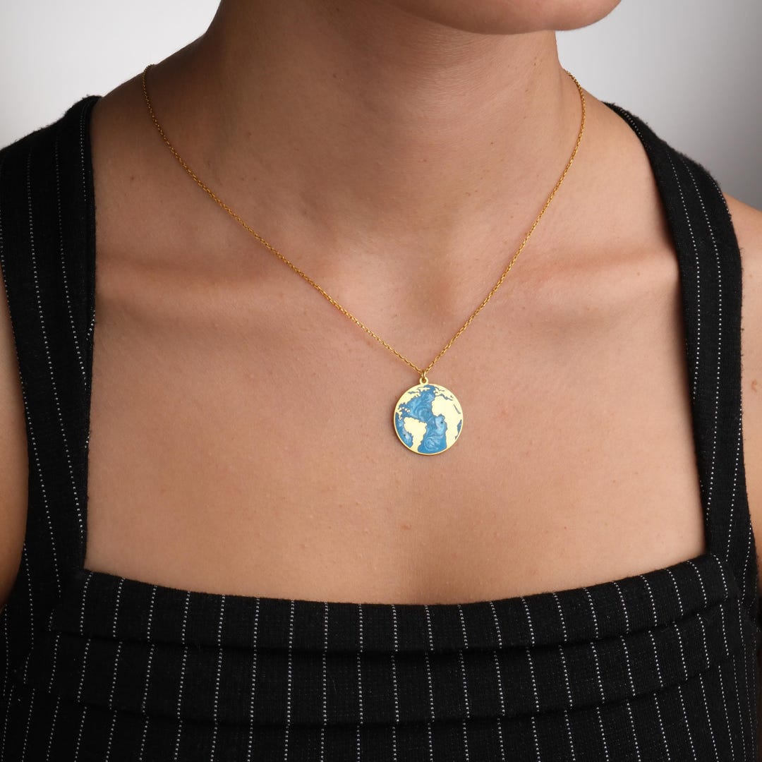 Elegant Blue Globe Necklace, 14K Gold Plated Earth Necklace, Earth ...