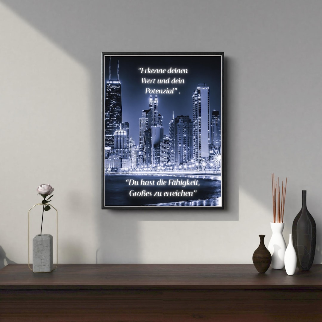 Skyline at Night Wall Picture With Motivational Saying, Modern City ...