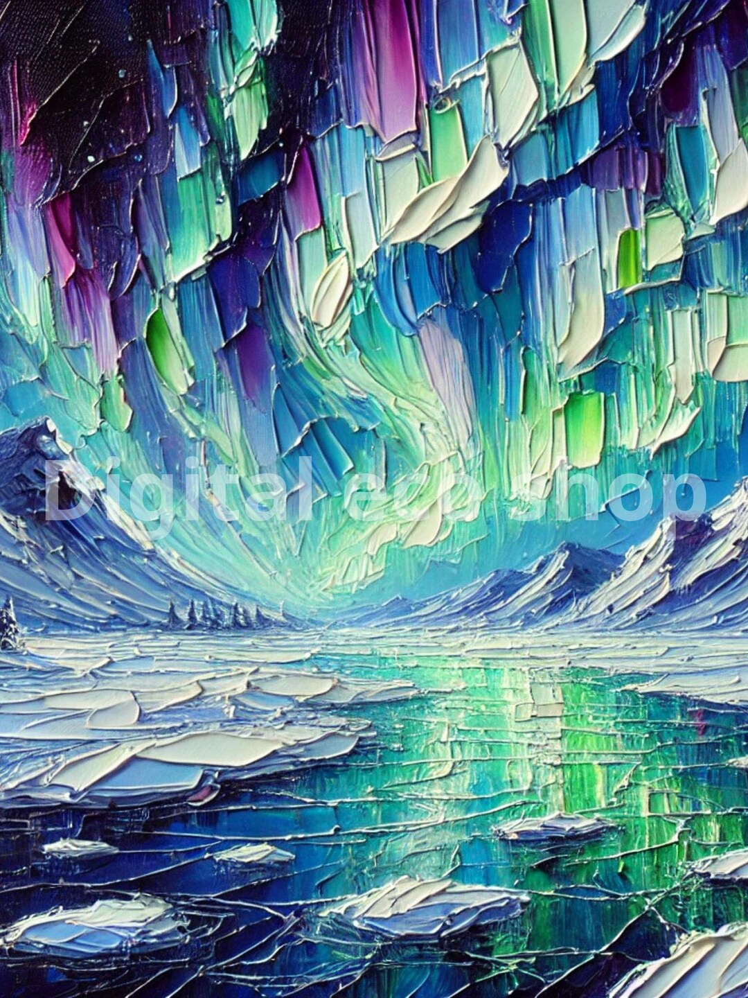 Aurora , Night Sky , Oil Painting of the Northern Lights in a Snowy ...