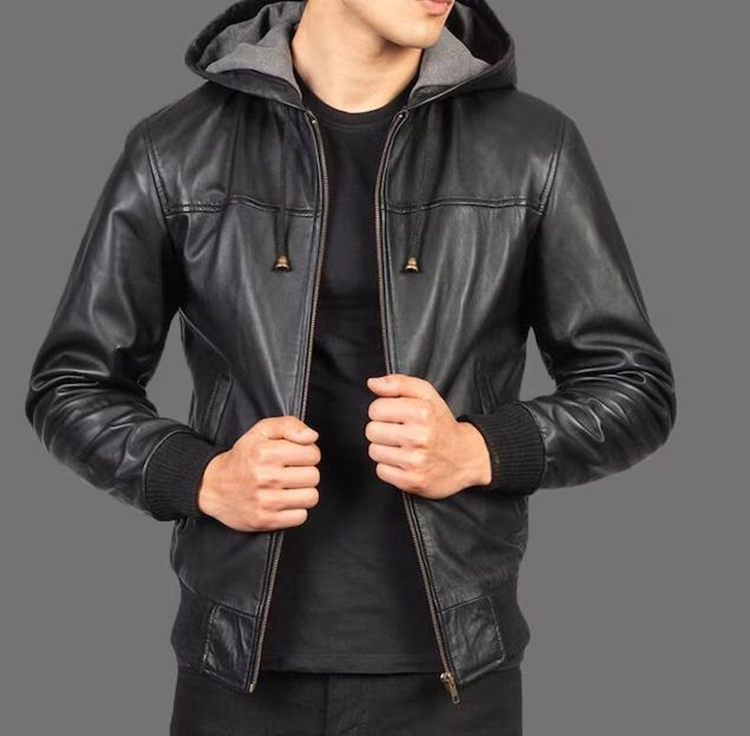 Mens Black Hooded Leather Jacket , Real Sheepskin Leather Jacket , Best ...