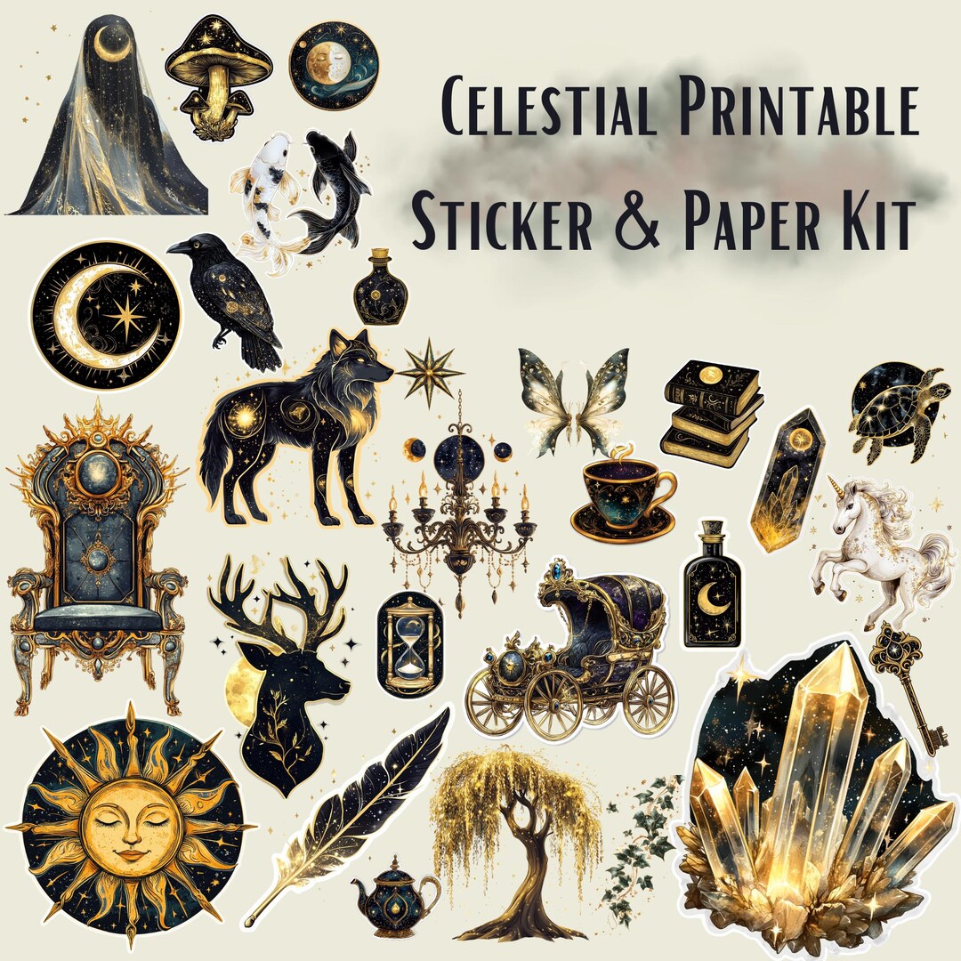 Celestial Journaling Kit 100 Printable Stickers & 50 Papers for Junk ...