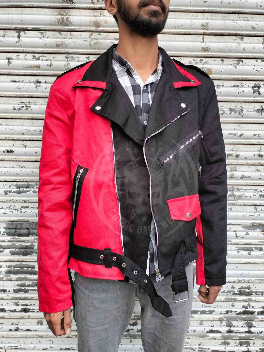 Biker Jacket Black and Red Split Color Moto Jacket - Etsy