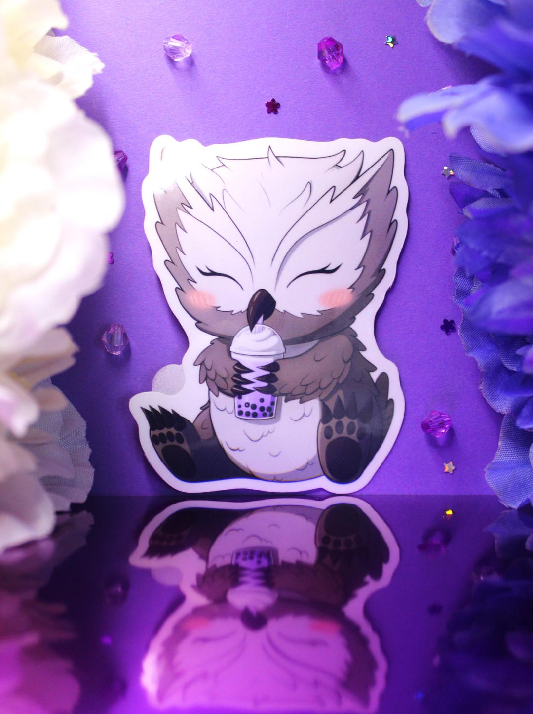 Cute Owlbear Boba Tea Vinyl Sticker, Fantasy Creature Decal, Waterproof ...