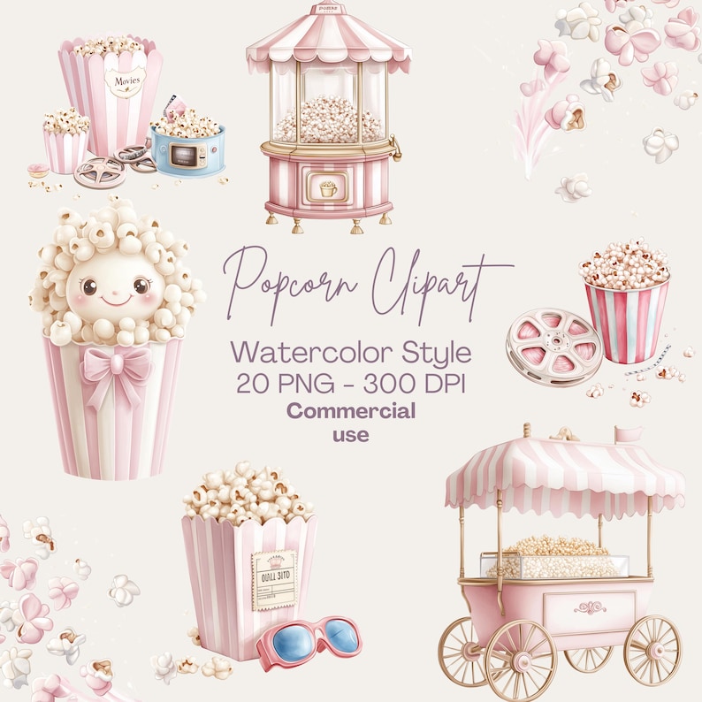 Watercolor Popcorn Clipart | Movie Night Clipart | Cinema Clipart ...