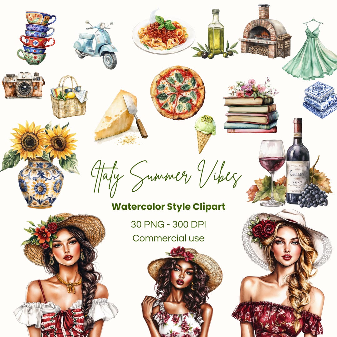 Watercolor Italy Clipart | Italian Summer Graphics | Italian Aesthetics ...