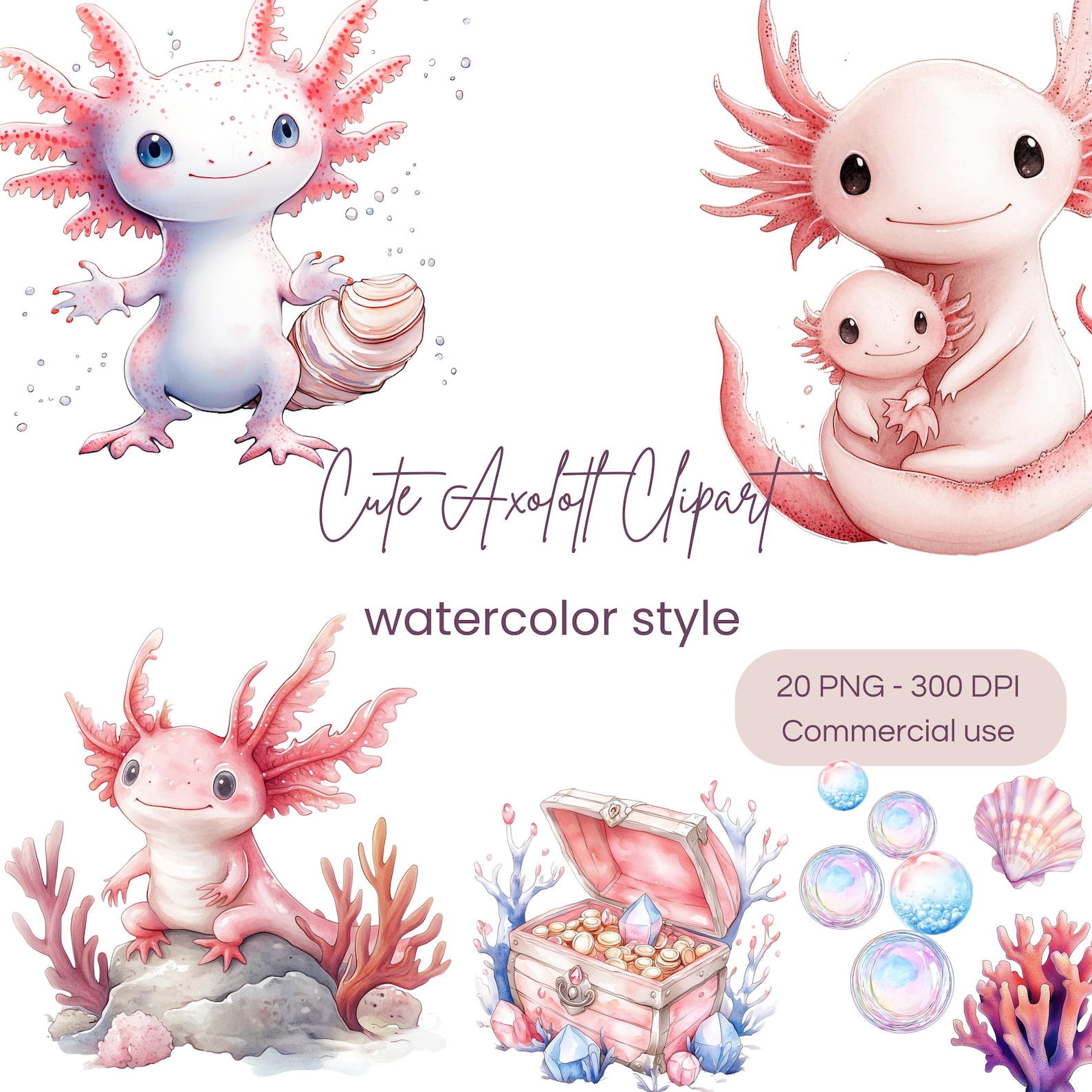 Cute Axolotl Clipart | Watercolor Axolotl | Axolotl PNG | Kawaii ...