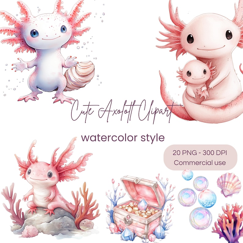 Cute Axolotl Clipart | Watercolor Axolotl | Axolotl PNG | Kawaii Axolotl | Axolotl Bundle ...