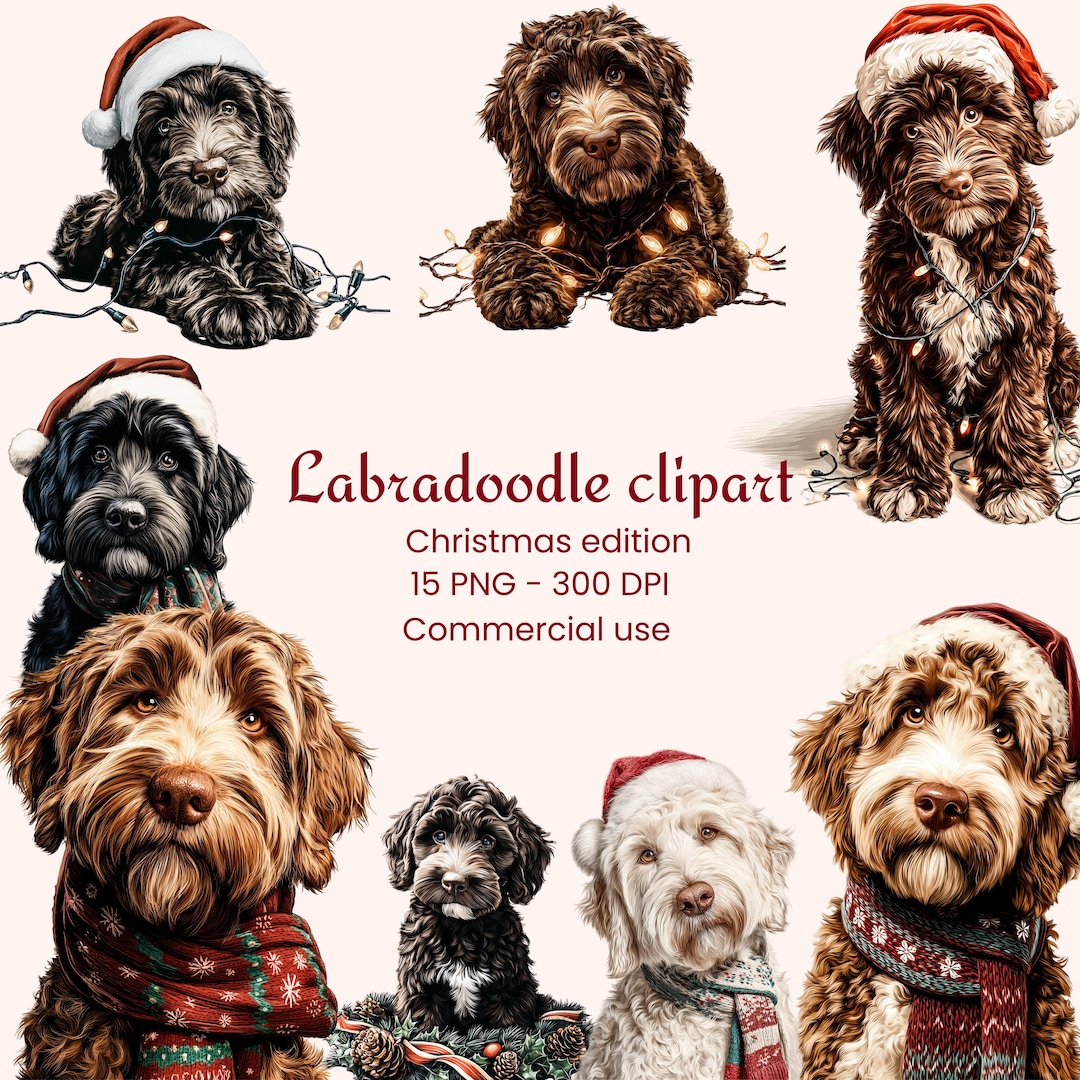 Labradoodle Christmas Clipart, Watercolor Golden Doodle PNG, Xmas Dogs ...