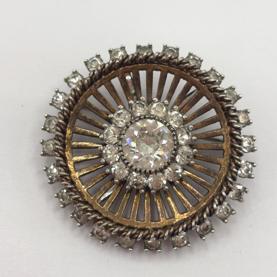 Vintage Sterling Silver 925 Two Tone Clear Rhinestone Round Burst ...