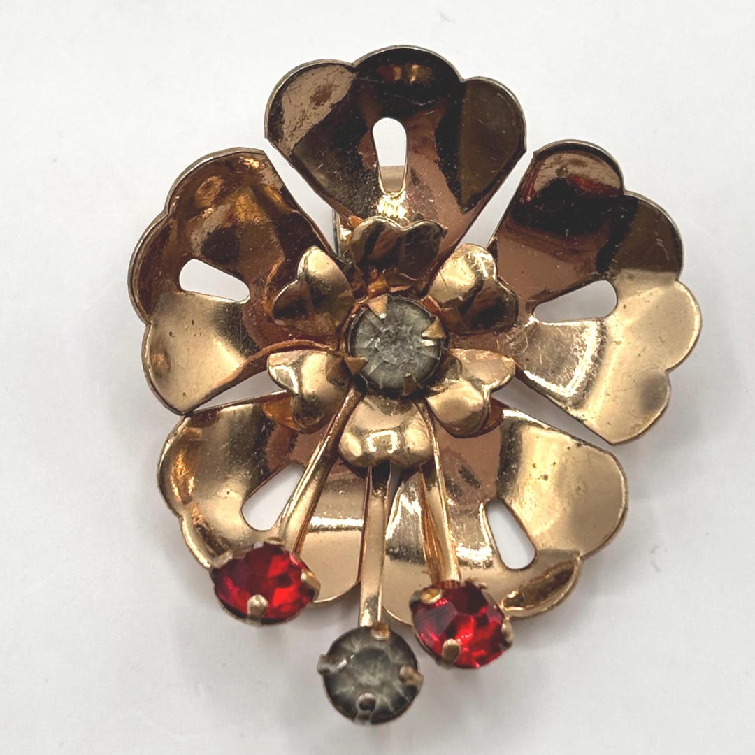 Vintage Leo Glass Sterling Silver 925 Rose Gold Tone Rhinestone Flower ...