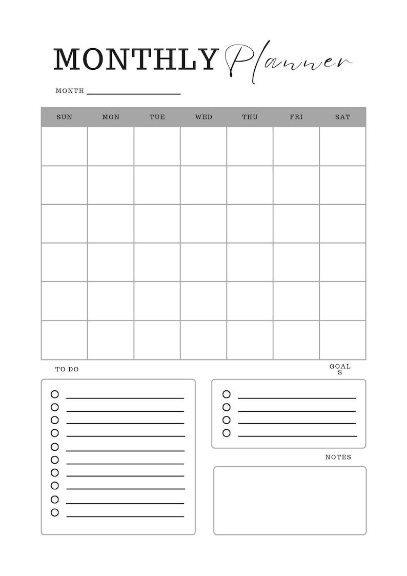 Minimalist Monthly Planner | Printable Monthly Calendar | Undated ...
