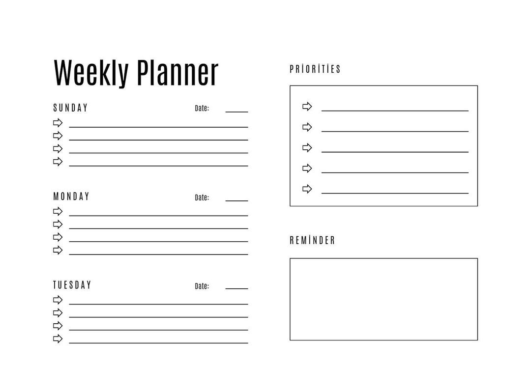 Minimalist Weekly Planner Printable |undated Weekly Schedule|priorities ...