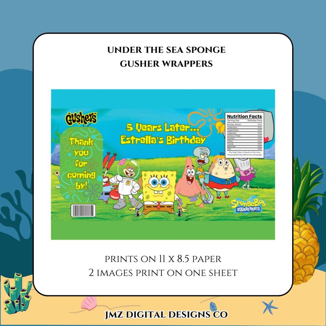 Editable Under the Sea Sponge Party Favor 0.8oz Snack I Gushers Pouch ...