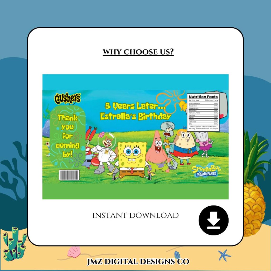 Editable Under the Sea Sponge Party Favor 0.8oz Snack I Gushers Pouch ...