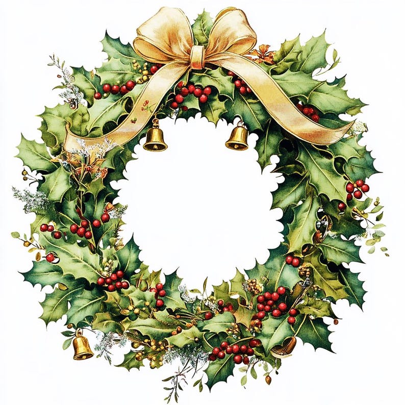 24 Christmas Holly Wreath Clipart Holiday Decor Printable Art Festive ...