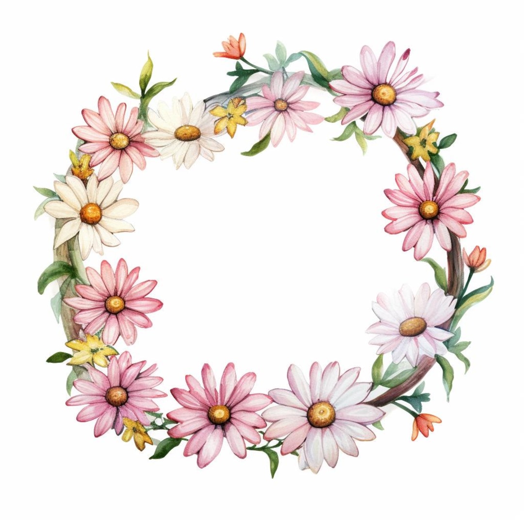 24 White Daisy Wreath Clipart, Floral Circle Frame Digital Download ...