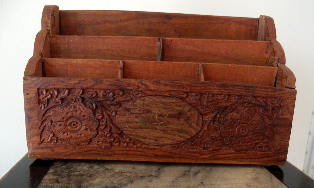 Vintage 70s Carved Rose Wood Desk Organizer Letter Holder Bohemian ...