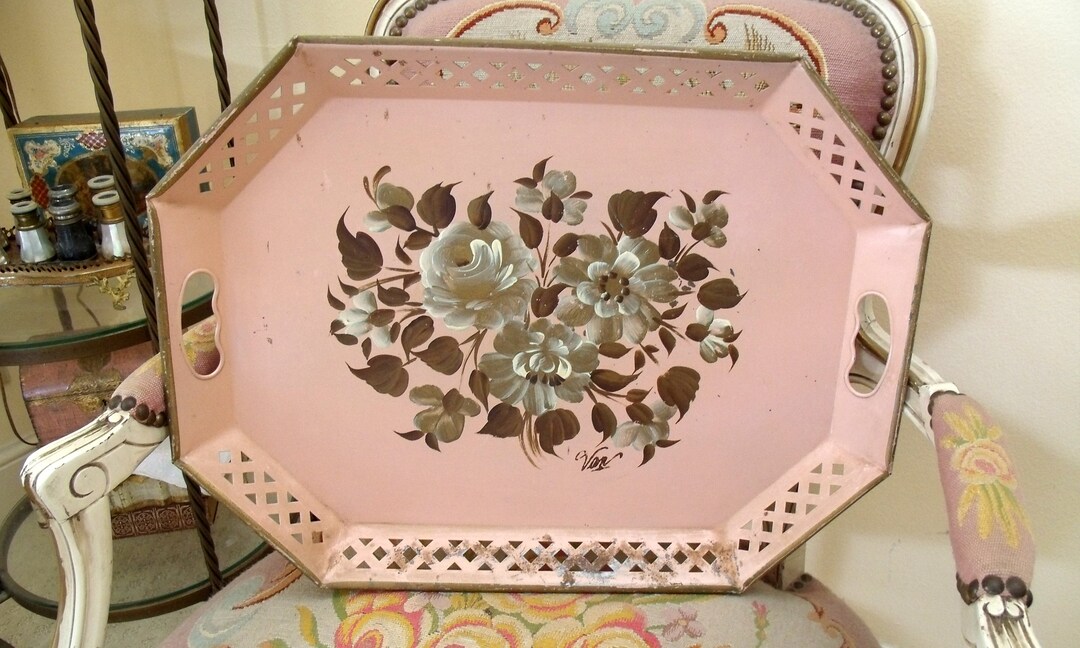 Shabby Chic Pink Tole Tray Cottage Core Chippy Patina 20 X 15 Garden ...