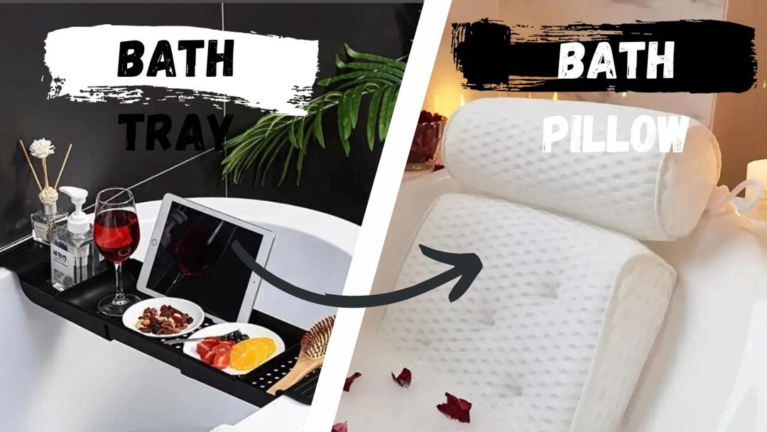 Luxury Bath Tub Tray & Bath Pillow Set – Adjustable Caddy + Plush Neck ...