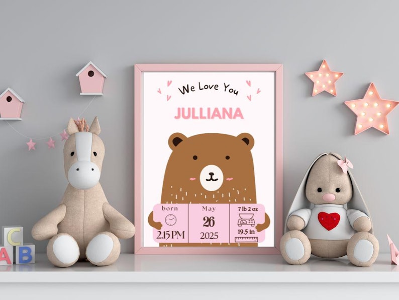 Personalized Baby Girl Baby Birth Details Cute Bear Pink Custom Newborn ...
