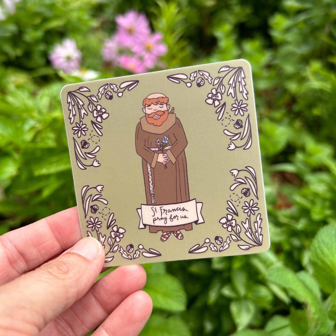 Saint Francis Vinyl Sticker // 3” X 3” Waterproof // Green Floral Tile ...